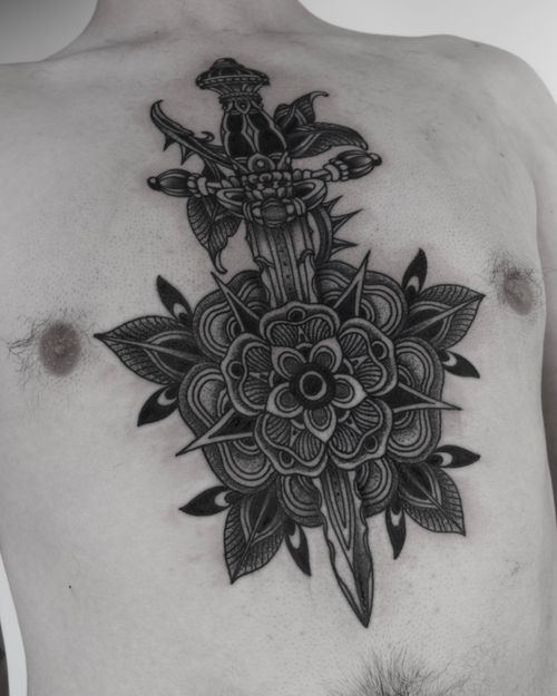 Illustrative Flower, Dagger & Tudor Rose Tattoo • Tattoodo