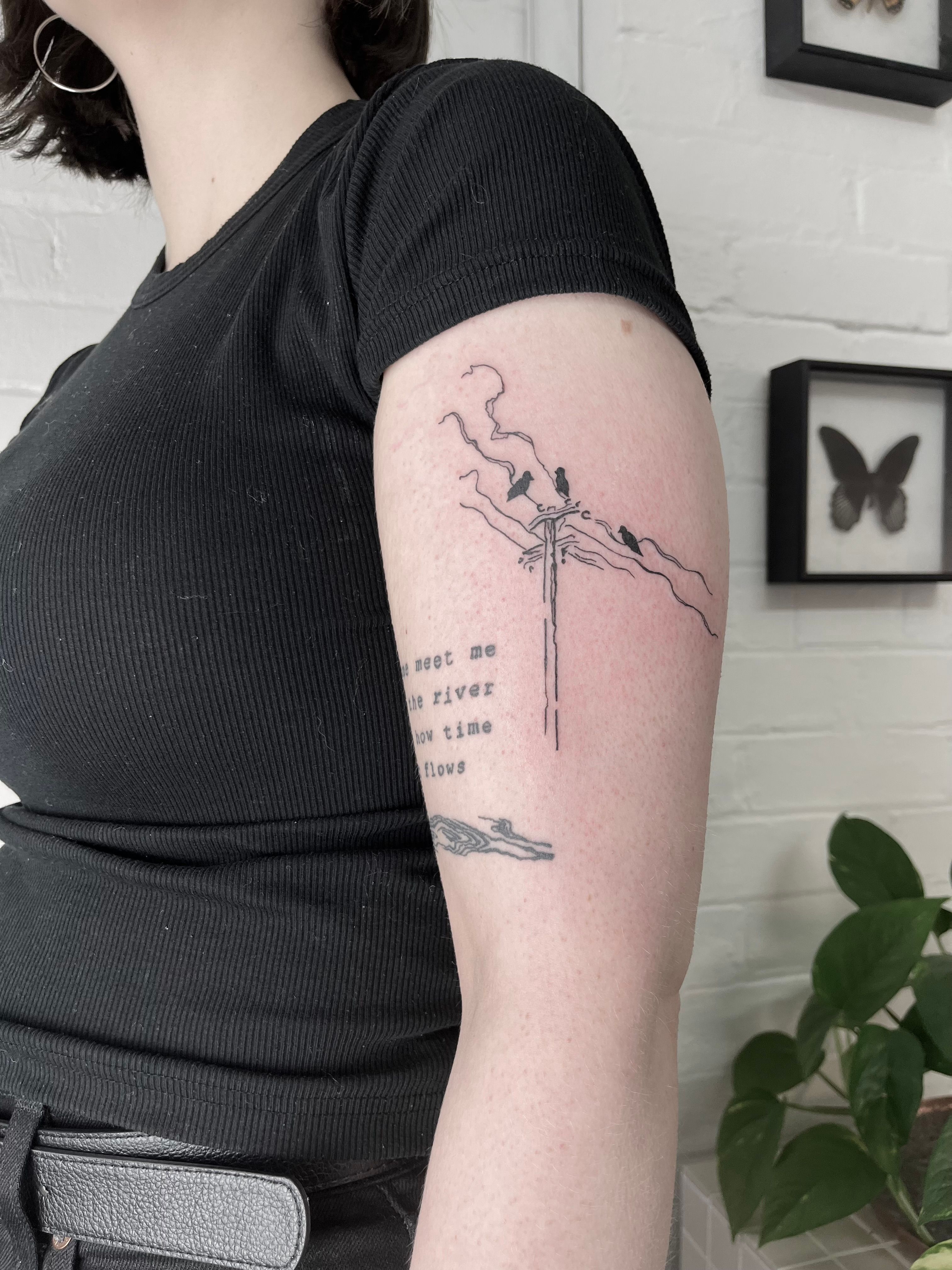 Fine Line Bird and Electric Post Tattoo • Tattoodo