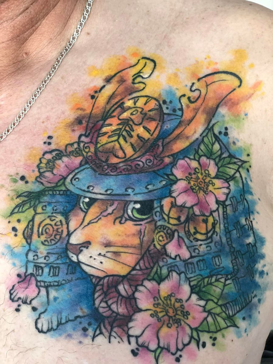 Tattoo uploaded by MERU INK • watercolor samurai cat - neo school ...