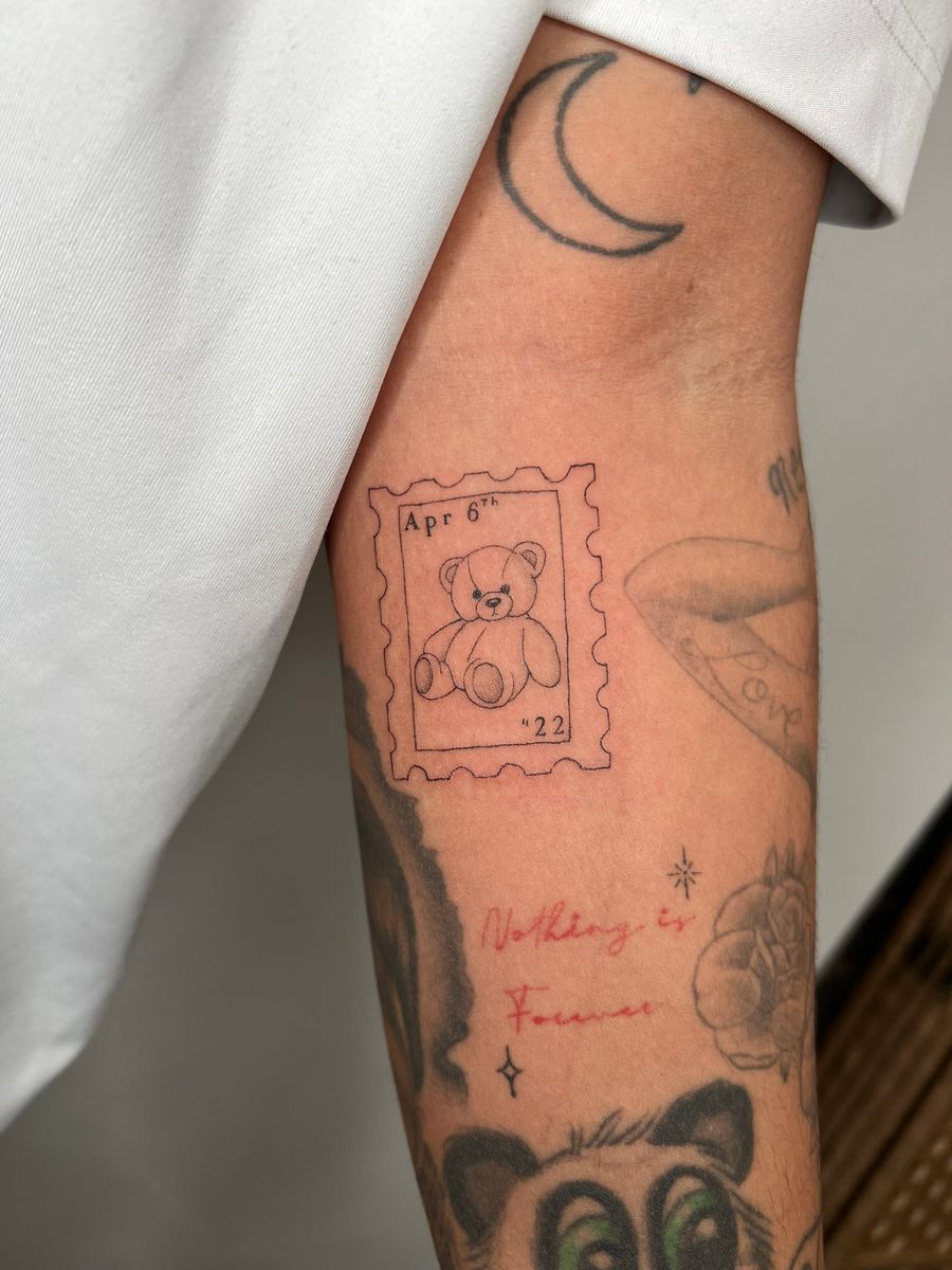 Fine Line Stamp Post Teddy Bear Tattoo • Tattoo uploaded by Emma ...