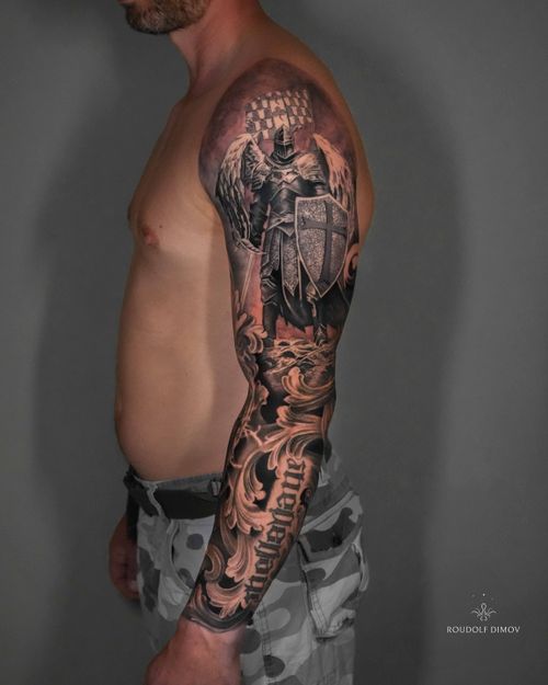 Armored Knight Sleeve with Ornamental Swirls • Tattoodo