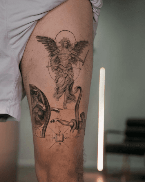 Angel, Snake and Abstract Structure Tattoo • Tattoodo