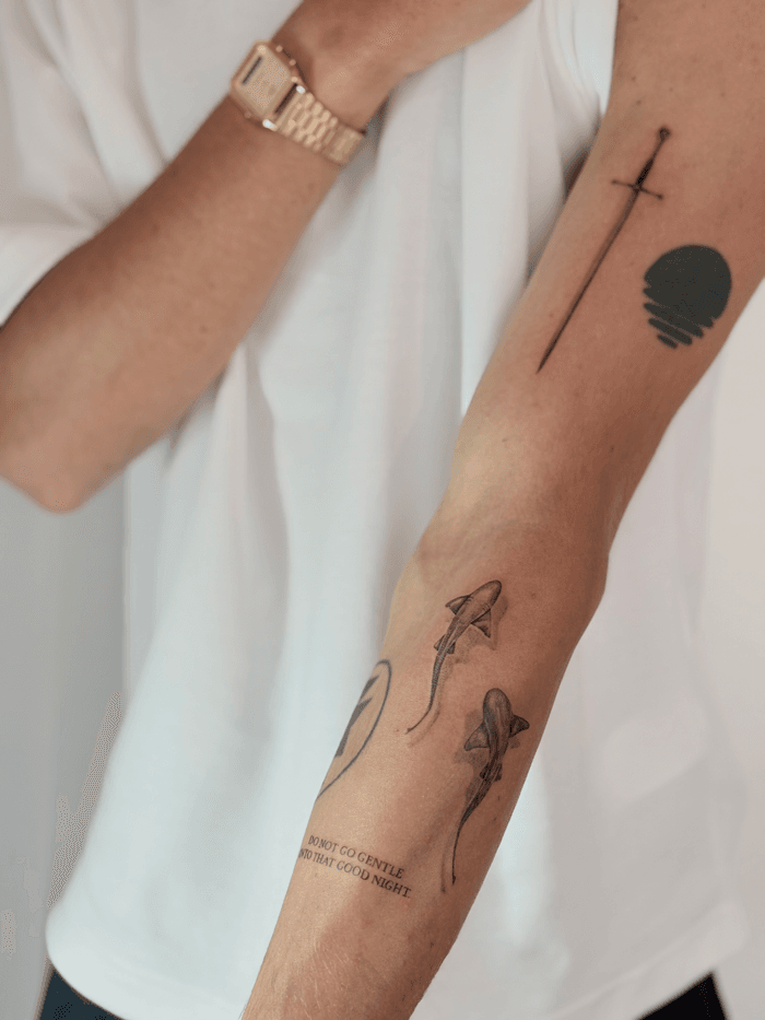 Sword, Sun, Sharks and Quote • Tattoodo