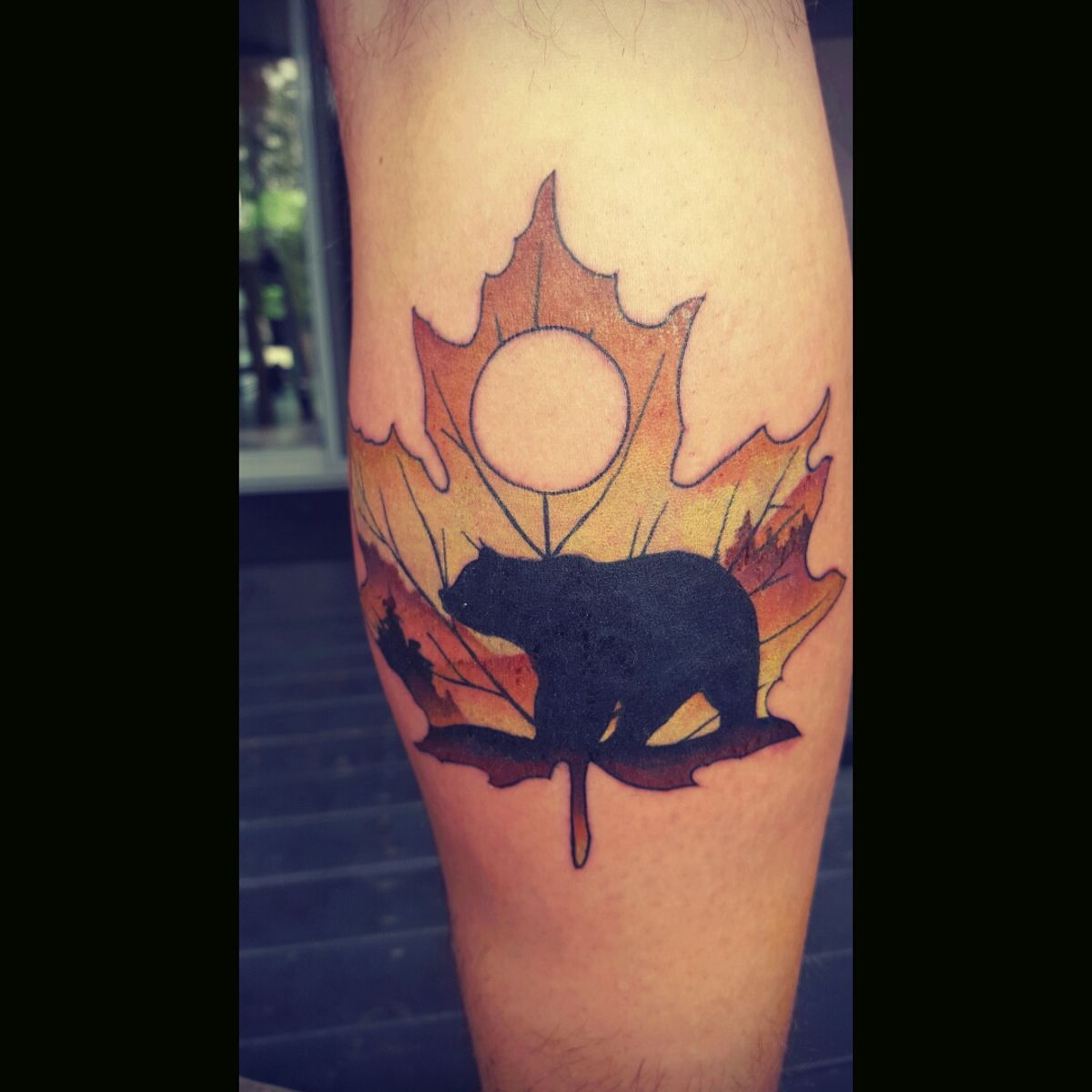 Tattoo uploaded by Dustin Currie • Maple leaf with bear scene #bear # ...