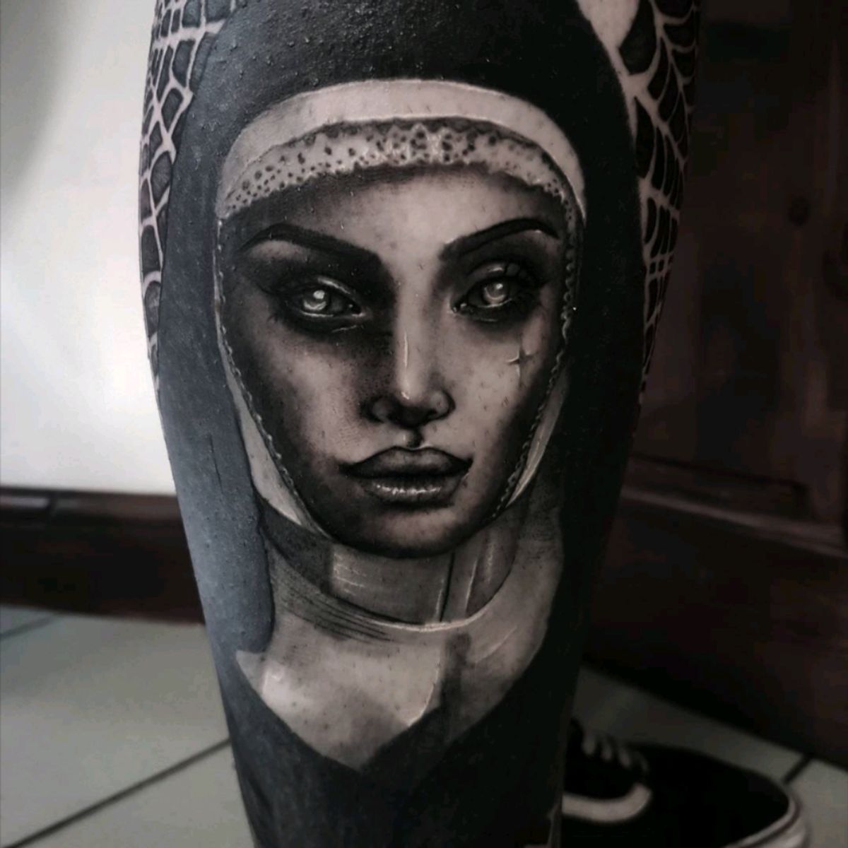Tattoo uploaded by Olga Tattoos • Satanic nun as part of a leg sleeve I ...