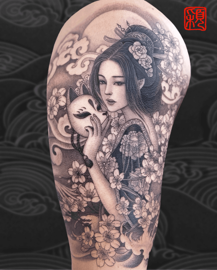 Geisha with Fox Mask • Tattoodo