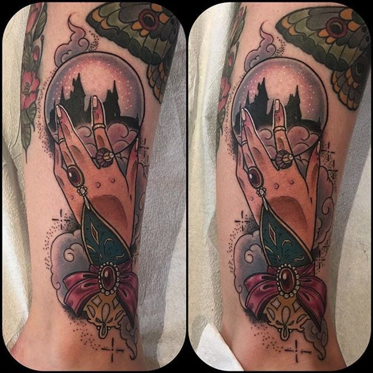 Tattoo uploaded by Xavier • Neo-traditional Hogwarts in a mystical ball ...