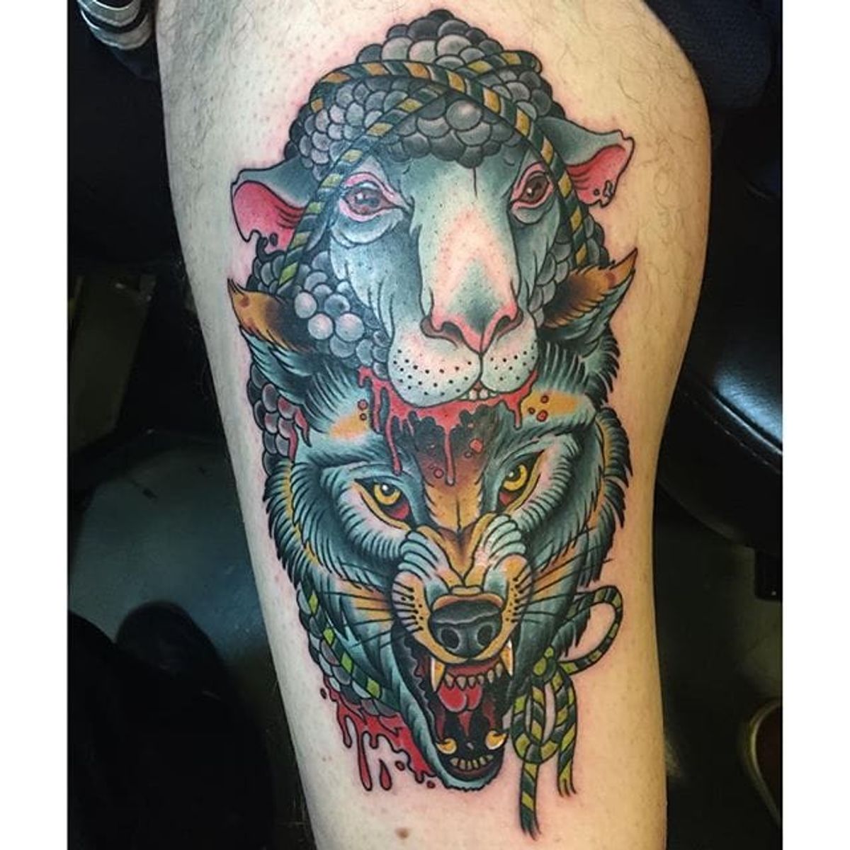 Tattoo uploaded by Robert Davies • Traditional Wolf and Sheep Cowl Tattoo by Kyle Porter # ...