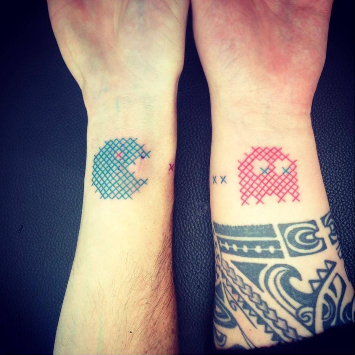 Tattoo uploaded by JenTheRipper • Matching Cross-stitch Pacman tattoo ...