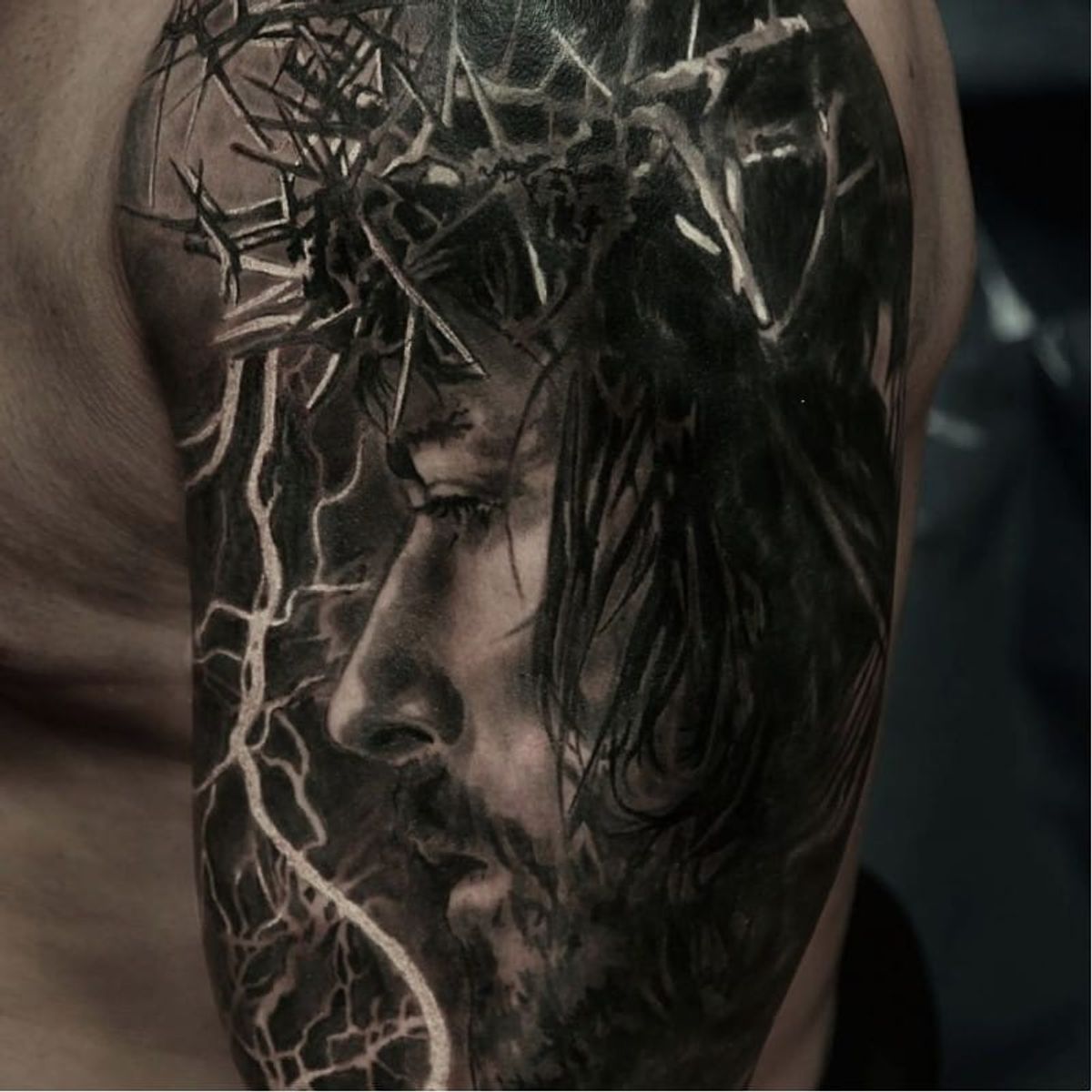Tattoo uploaded by minerva • Beautiful Black and Gray Jesus Lightning ...