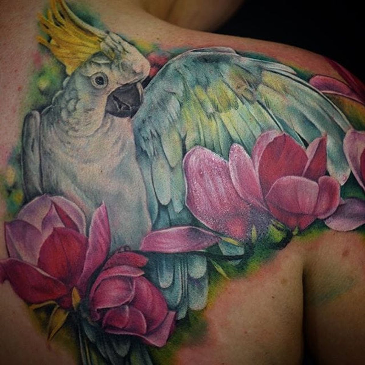 Tattoo uploaded by Stacie Mayer • Cockatoo and flower back piece ...