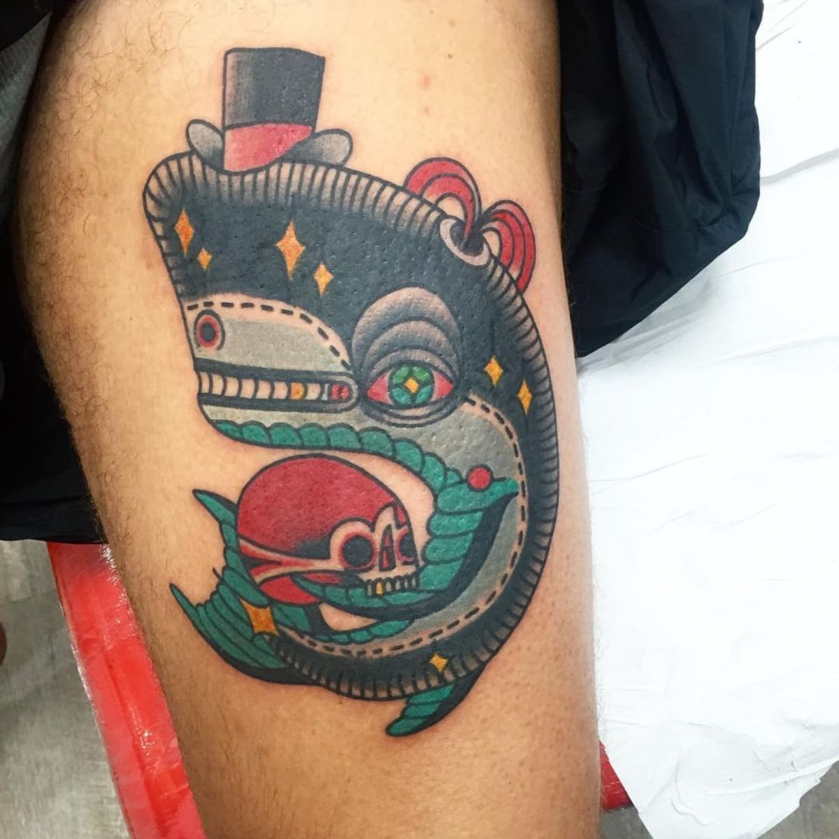 Tattoo uploaded by Ross Howerton • A whale in a top hat with a skull in flipper by Deno (IG ...