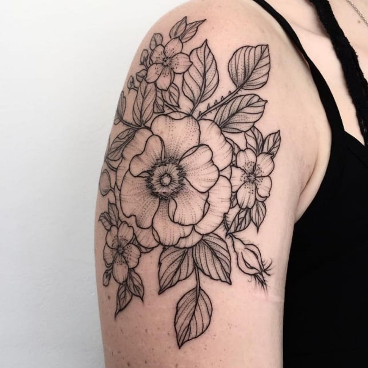 Tattoo uploaded by Rebecca • Black linework flower tattoo by Harriet ...