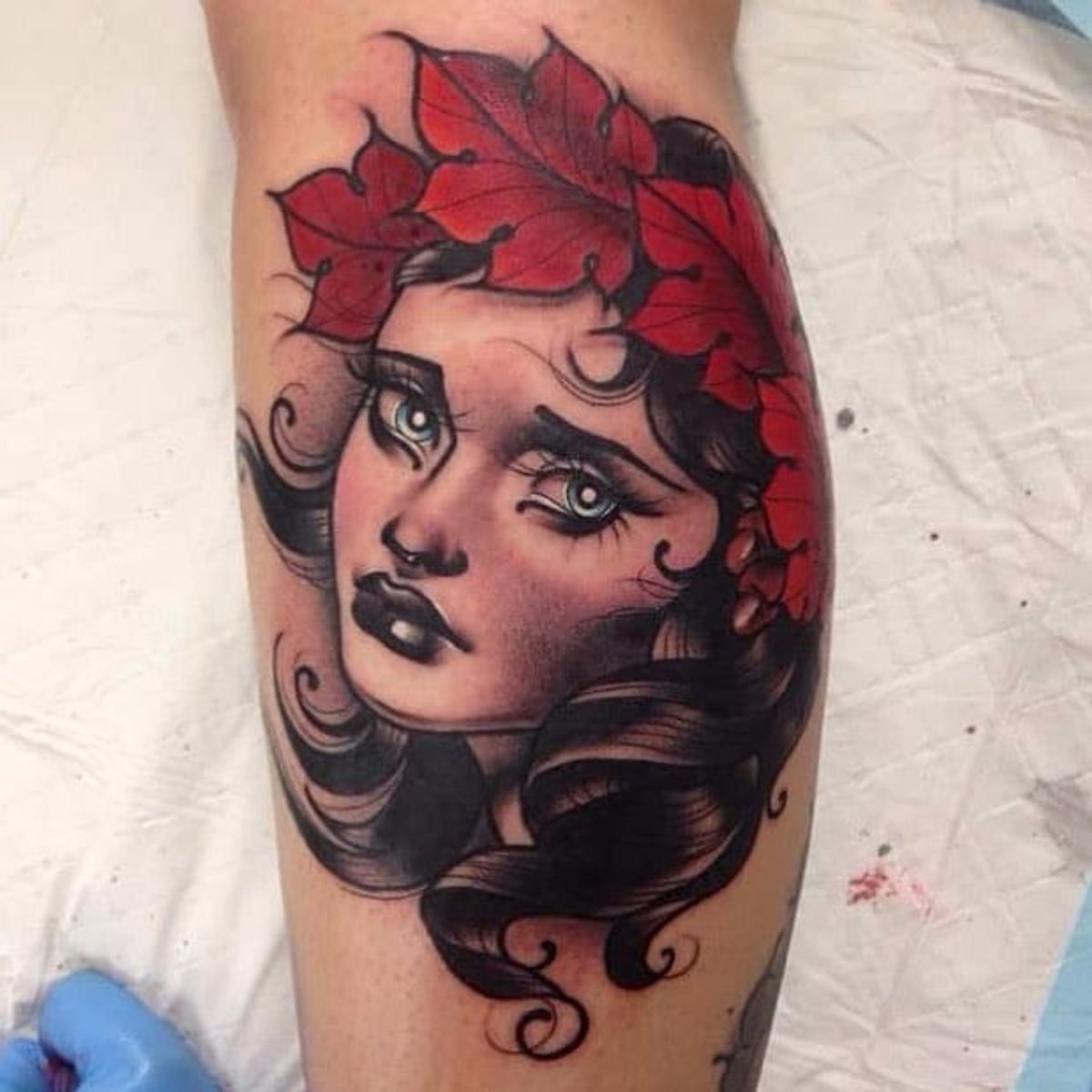 Tattoo Uploaded By Minerva • Girl And Red Leaves Tattoo By Ly Aleister