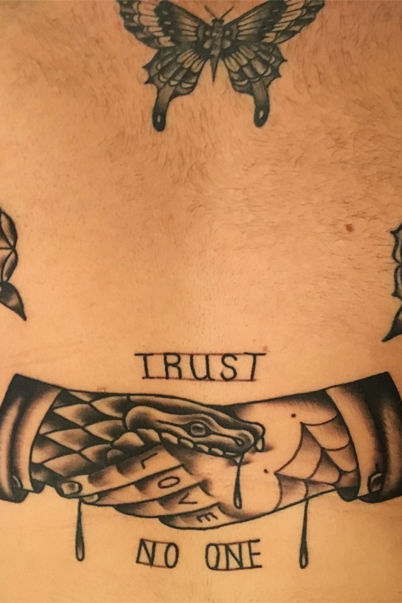 Tattoo uploaded by James Wigham • ‘TRUST NO ONE’ #stomachtattoo # ...