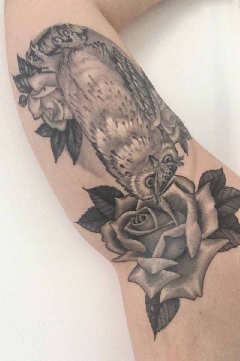 Tattoo uploaded by Róisín • Owl and roses by Stewart Robson (was at ...